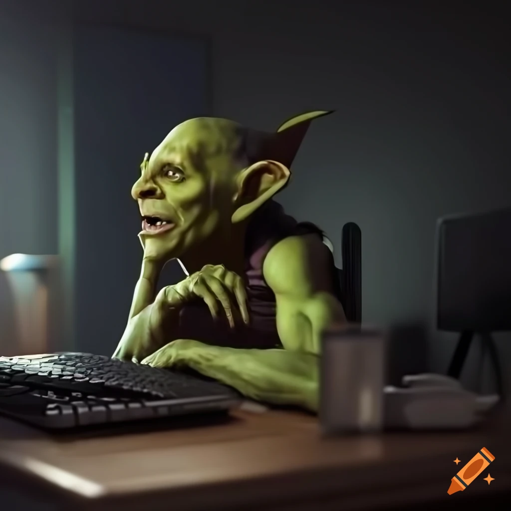 Goblin working on a computer in a dark room with a bright screen on Craiyon