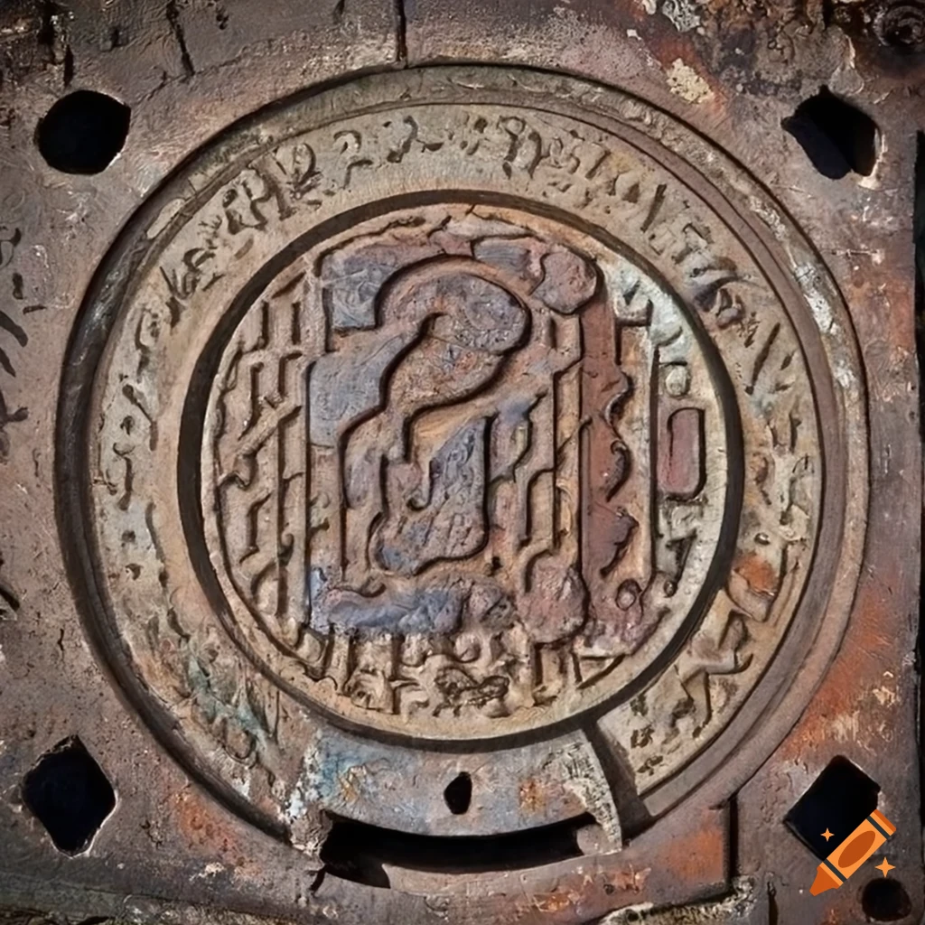 Weathered bronze manhole cover with a painting of a river valley and ...