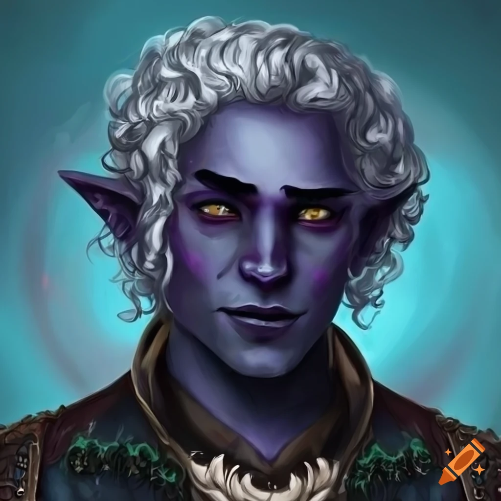 Curly-haired male drow with toxic green eyes and round features on Craiyon