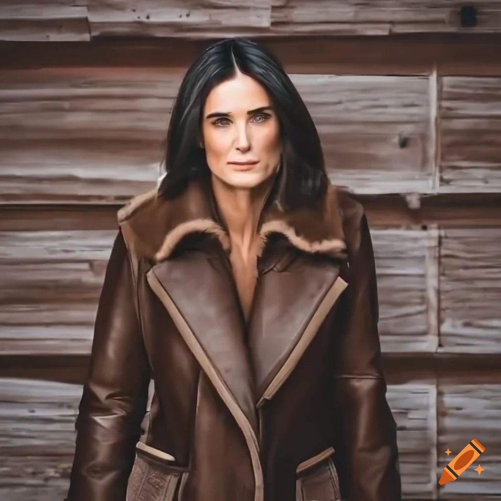 Actress resembling Demi Moore at 20 in brown sheepskin bomber jacket ...