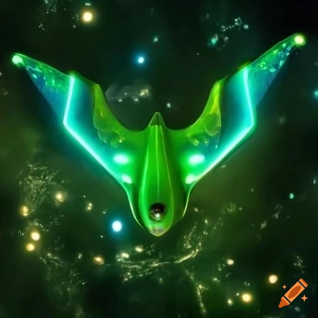 Green organic bird-shaped spaceship with glowing accents and complex ...