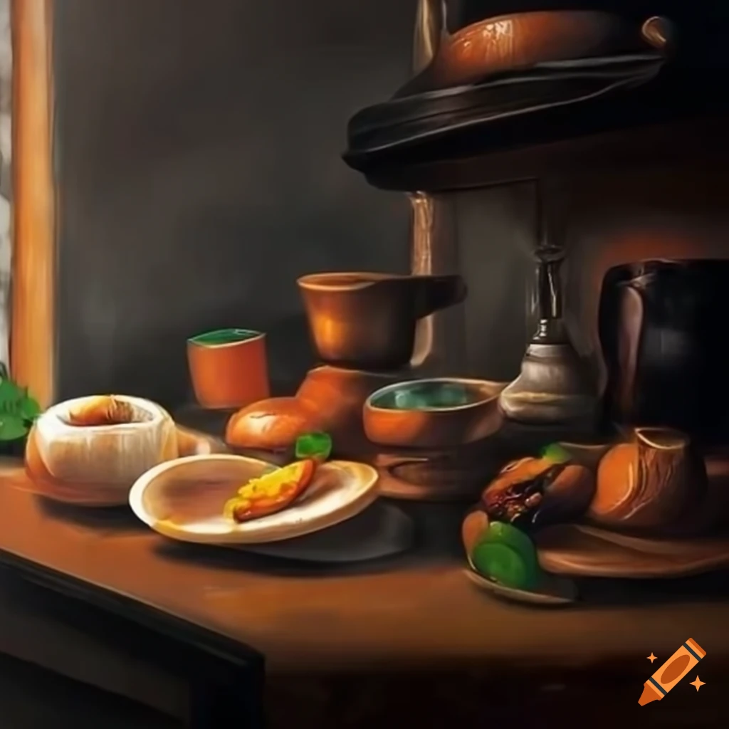 Detailed hyper-realistic painting of a cluttered kitchen table on Craiyon