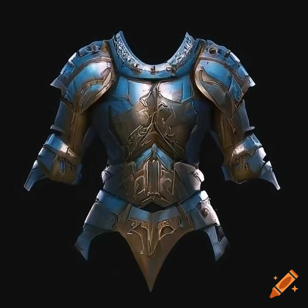 Close view of heavily adorned magical body armor from the front on Craiyon