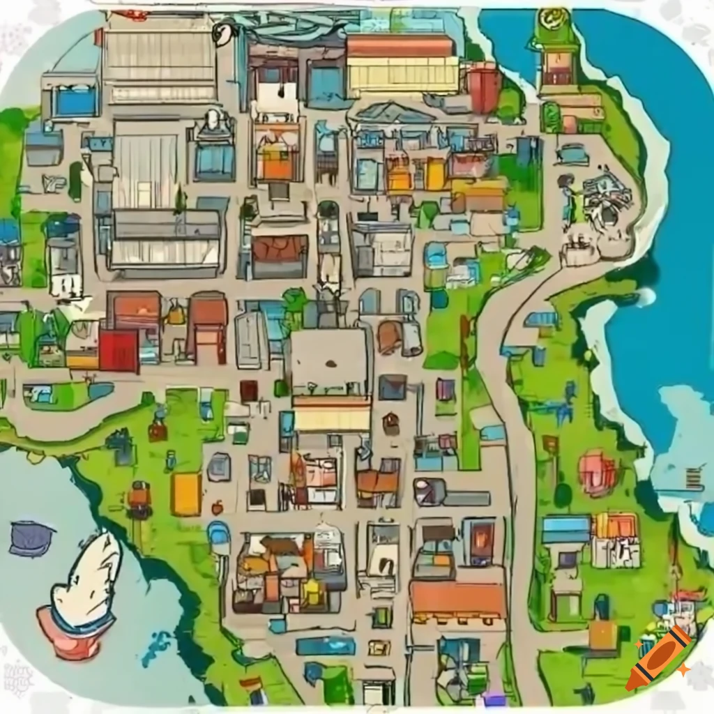 Map for a 2d top-down video game with 4 level locations connected by a road in a city with many ...