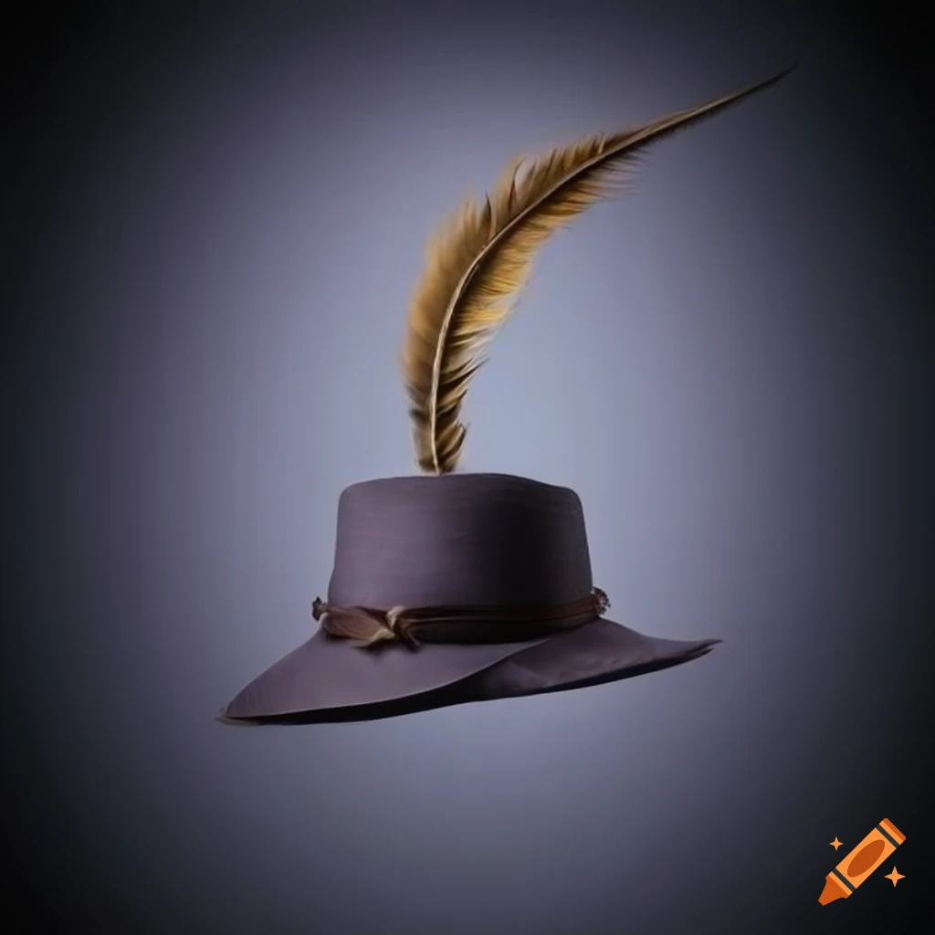 Empty Peter Pan hat with a vibrant golden feather in dark gray color on ...