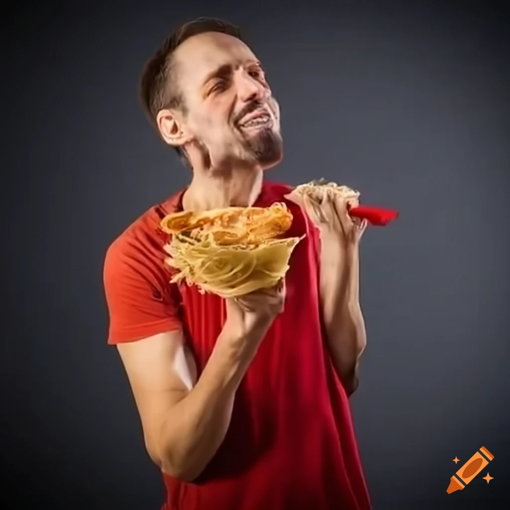 Man enjoying sentient spaghetti meal on Craiyon