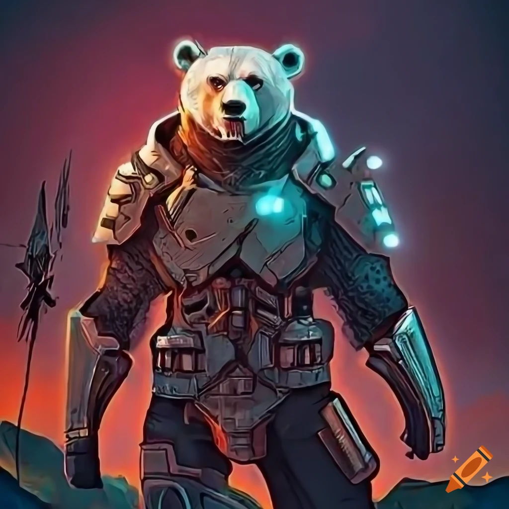 Epic bear in medieval armor with futuristic swords on cliff edge on Craiyon