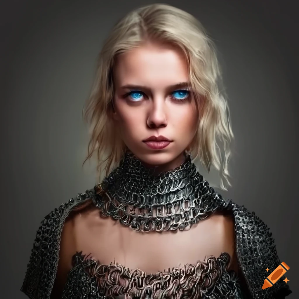 Young warrior woman with blonde hair and blue eyes in chain mail armor ...