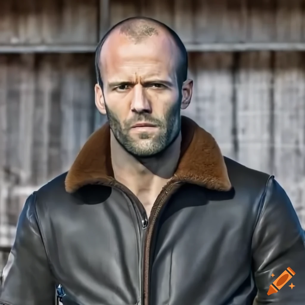 Actor resembling young Jason Statham in sheepskin bomber jacket and ...