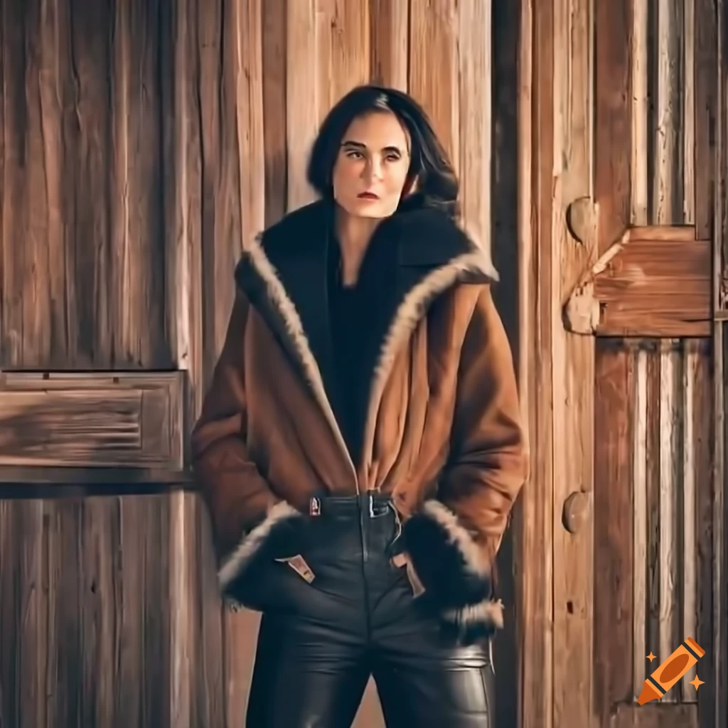 Actress resembling Demi Moore at 20 in brown sheepskin bomber jacket ...