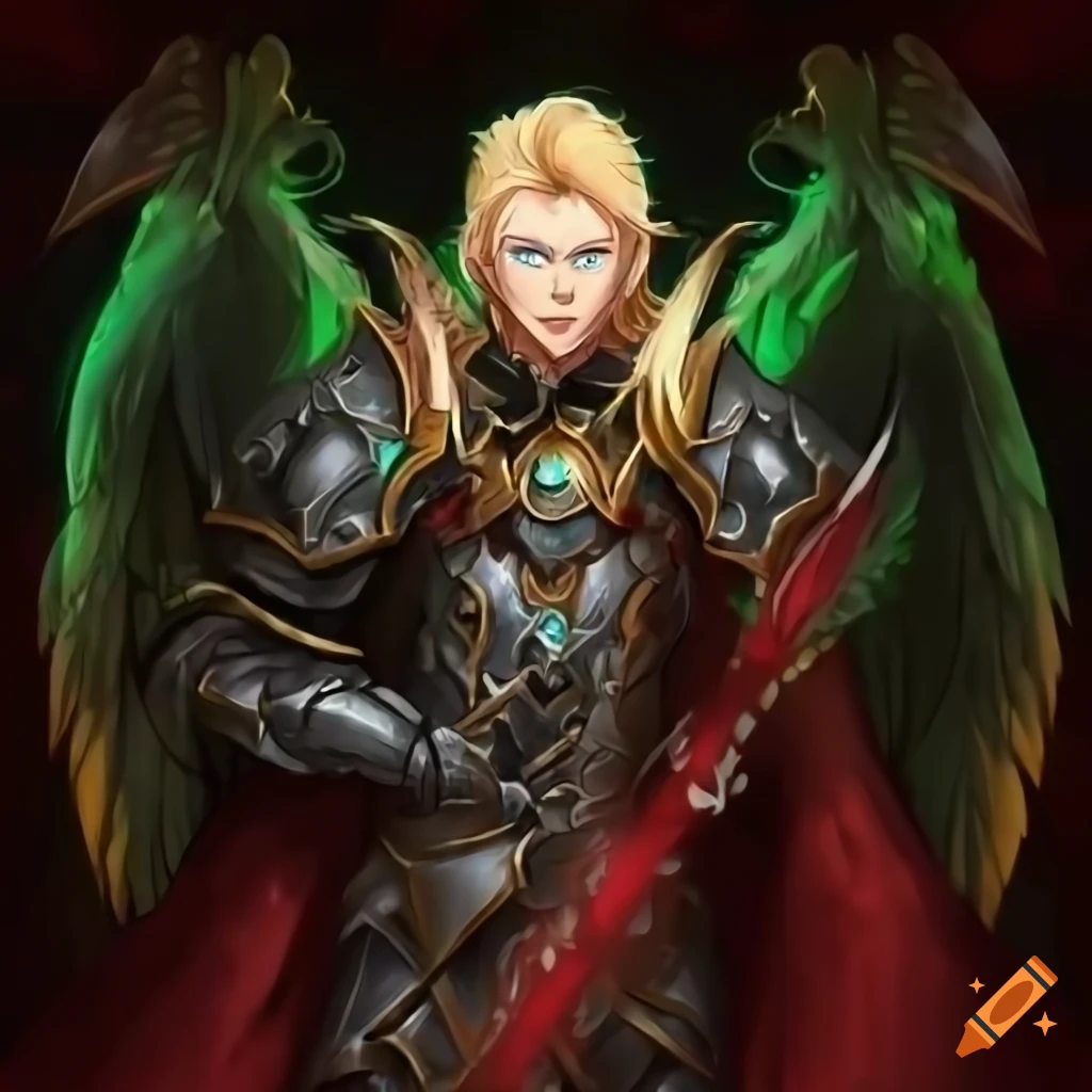 Anime male high elf paladin necromancer in dark armor with red demon ...