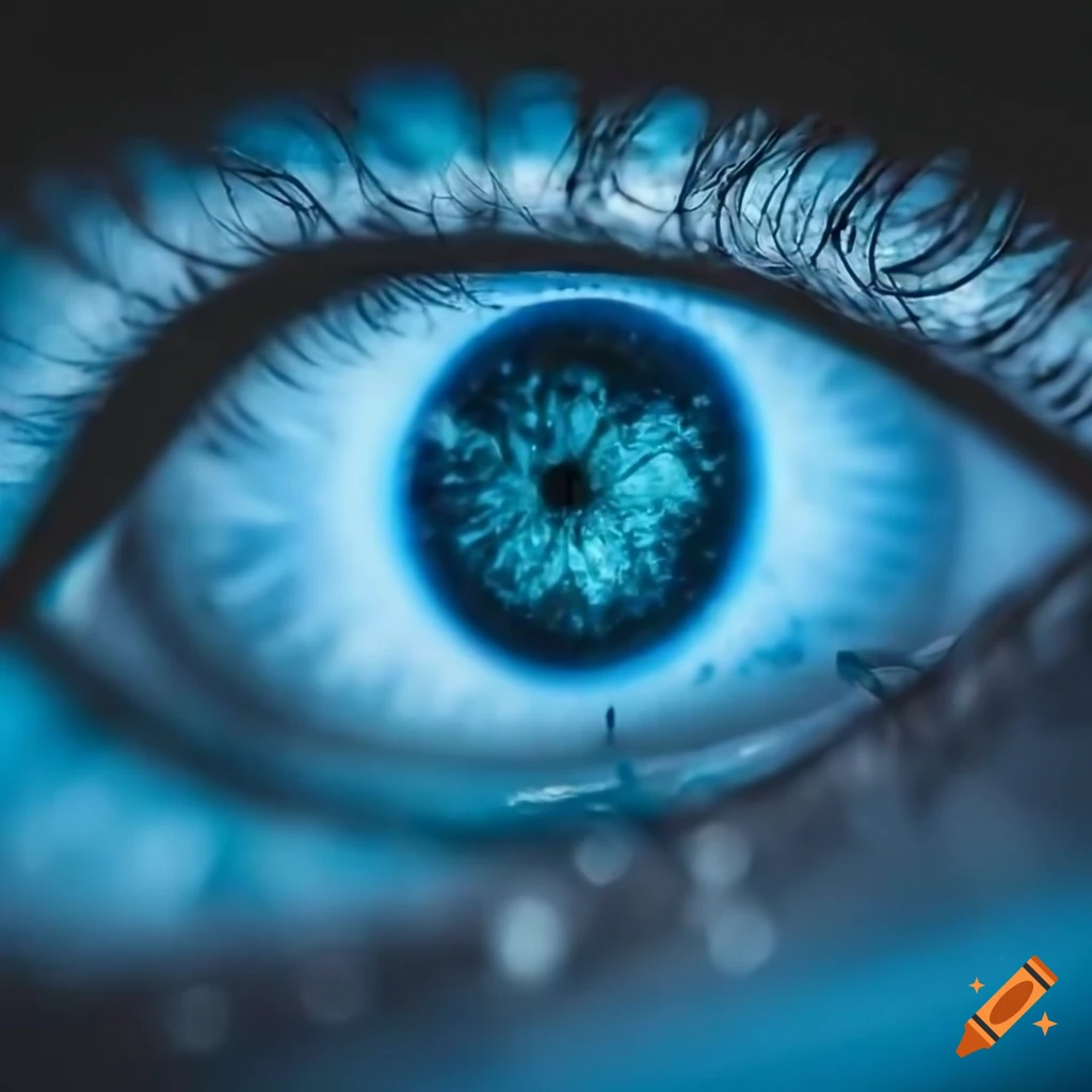Close-up of a striking ice-blue eye with intricate details on Craiyon