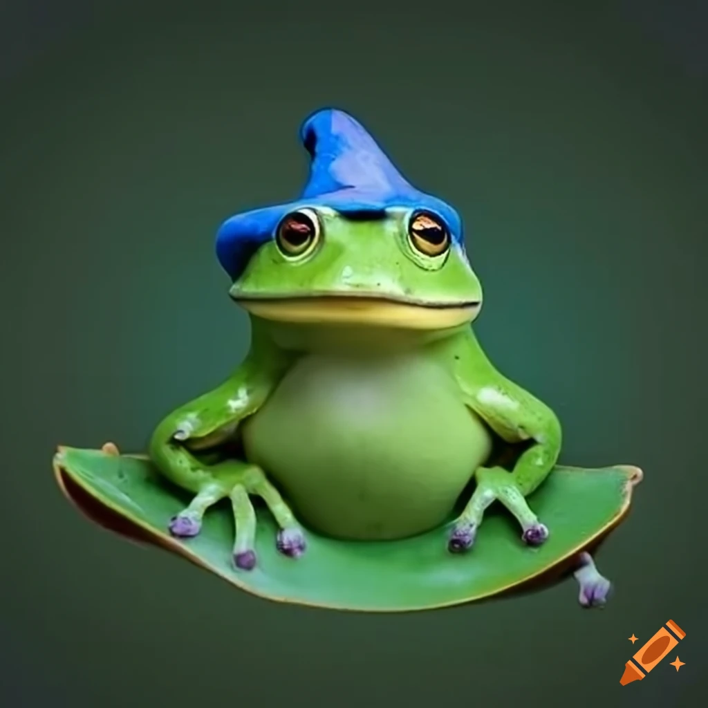 Wizard frog sitting on a leaf on Craiyon