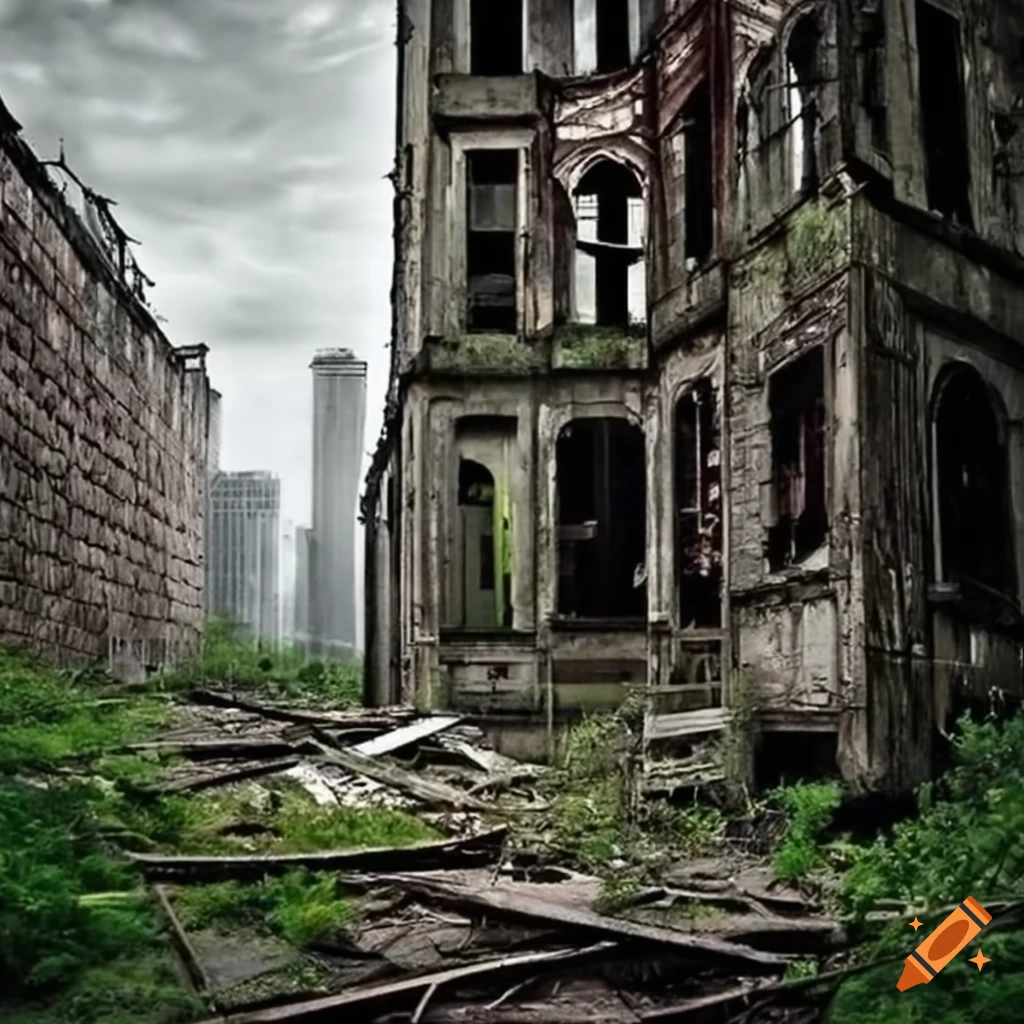Abandoned urban landscape reclaimed by nature on Craiyon
