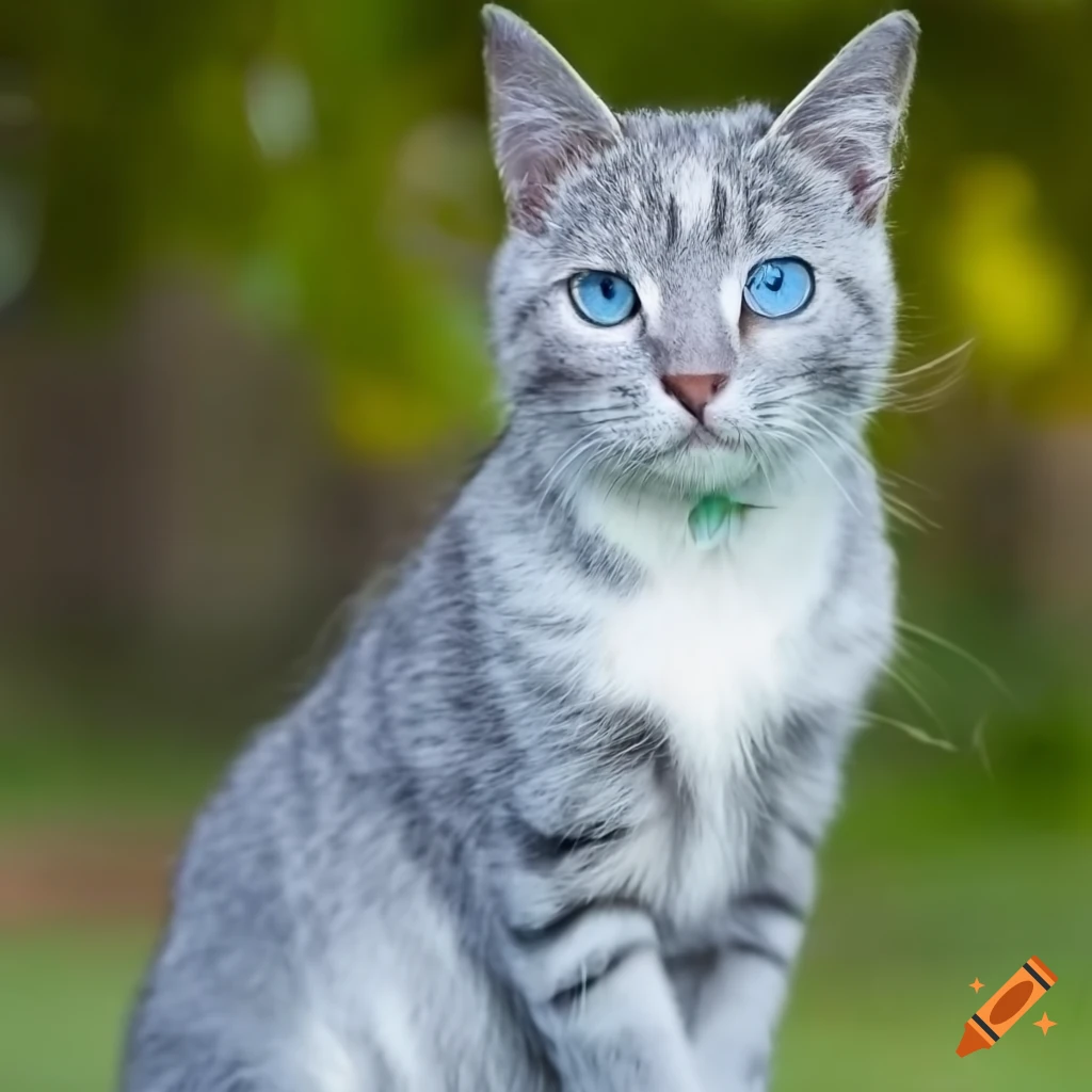 Elderly light blue-grey tom cat with amber paw and hazel blue eyes on ...