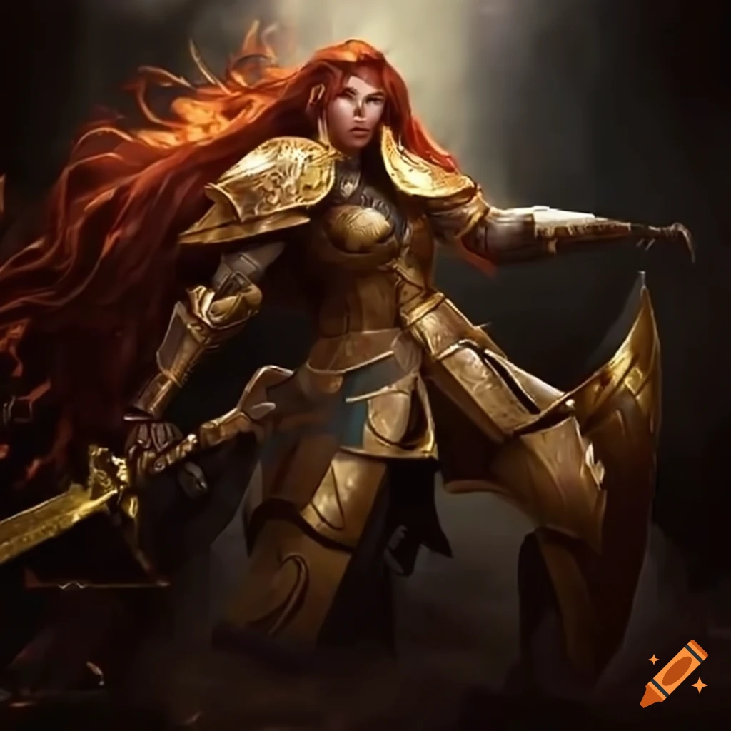 Fearless lady paladin in red and gold armor raising a giant shield on ...