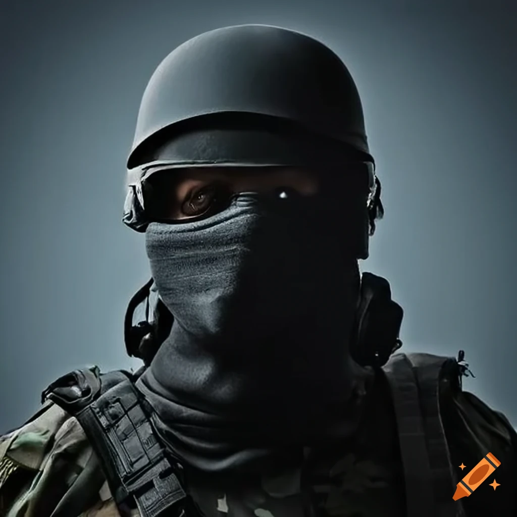 Soldier in black uniform, balaclava, and helmet on Craiyon