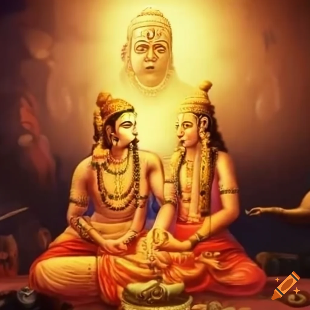 Meeting of Narada, Vashishtha, and Vishwamitra in Ayodhya on Craiyon