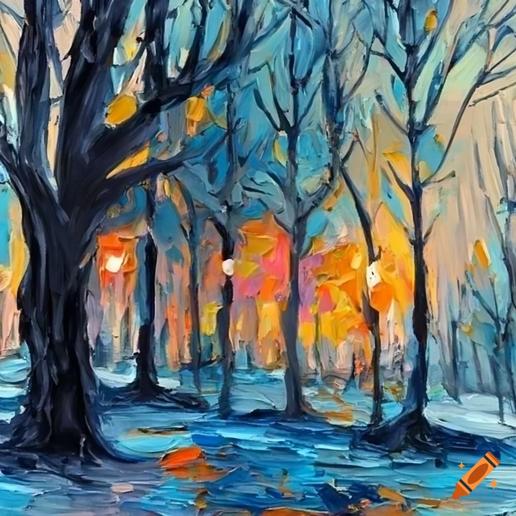 Trees at night in impasto style painting on Craiyon