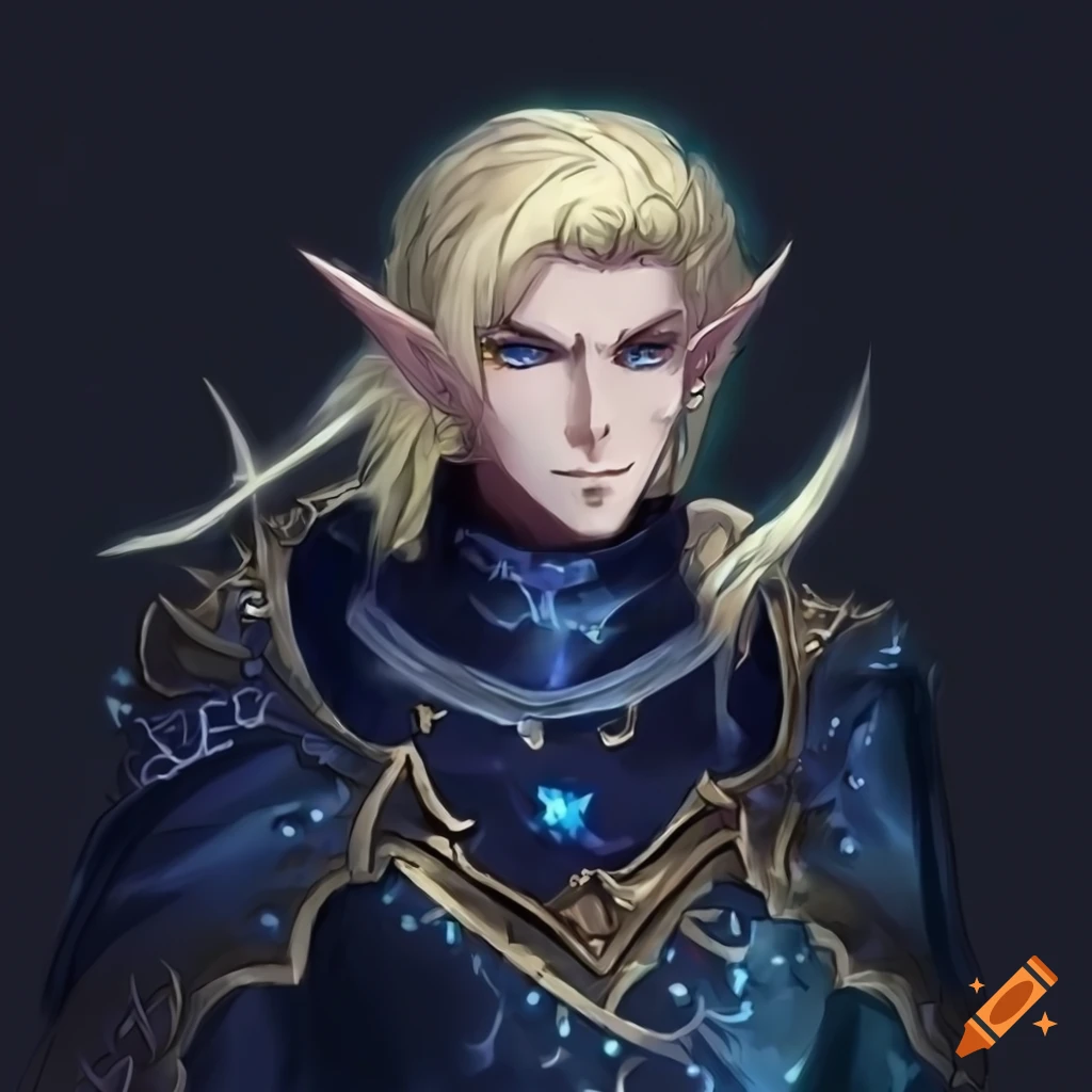 Anime male high elf necromancer in royal commander army armor with blue ...