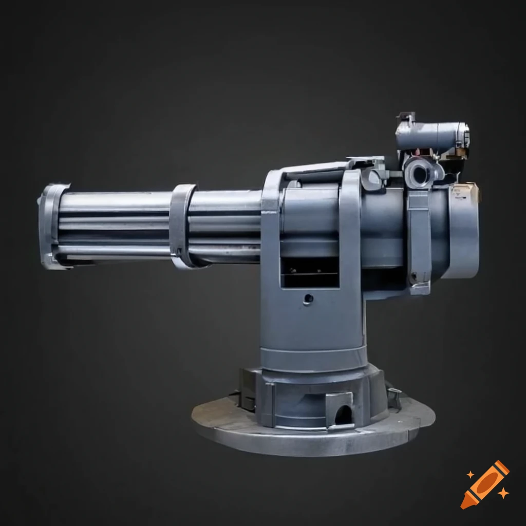 Minigun turret in full view against a plain background on Craiyon