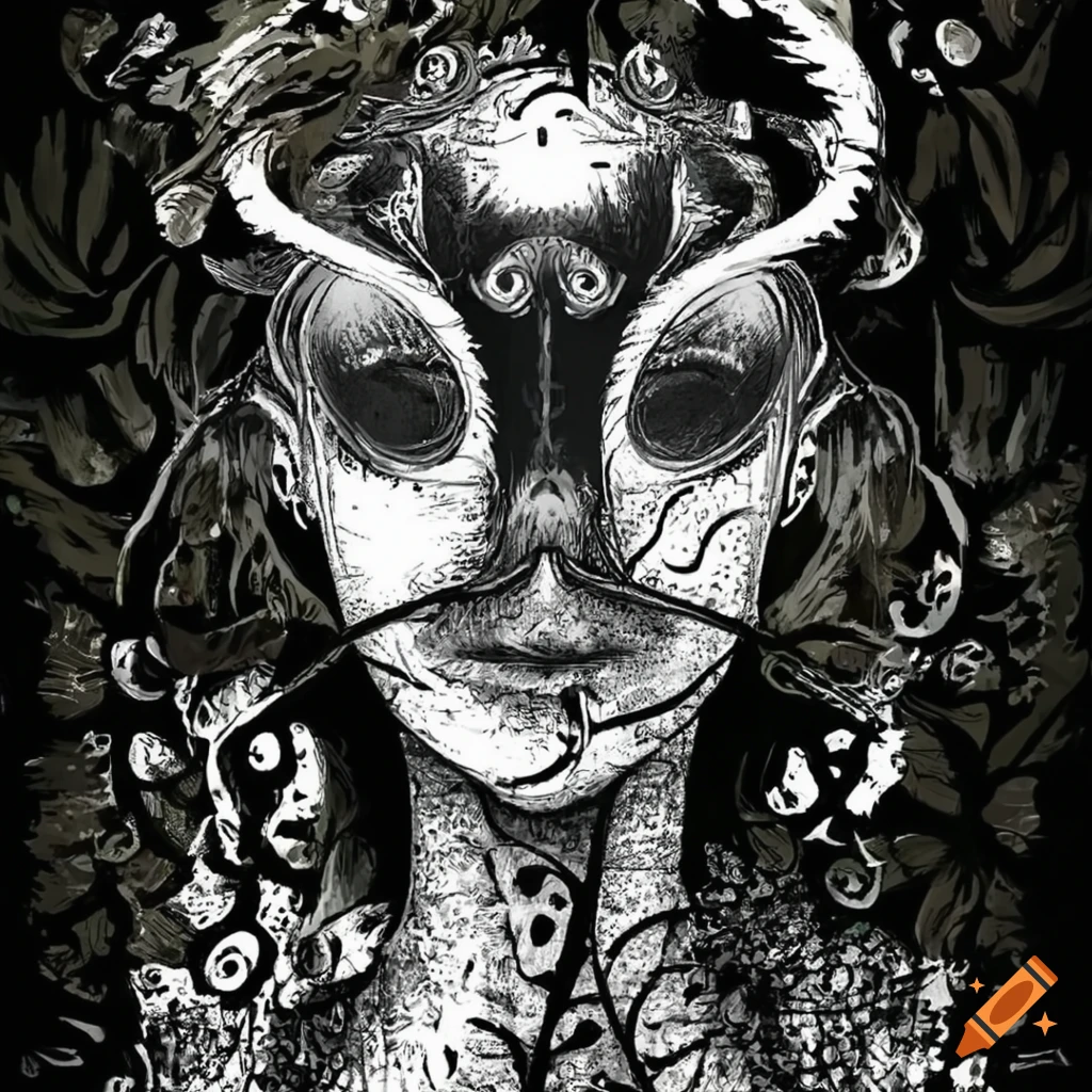 Artwork of a masked eldritch person with gold accents among lush vines ...