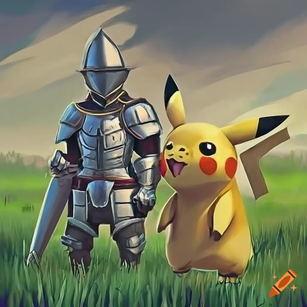 Pokemon pikachu in silver knight armor in epic scenery on Craiyon