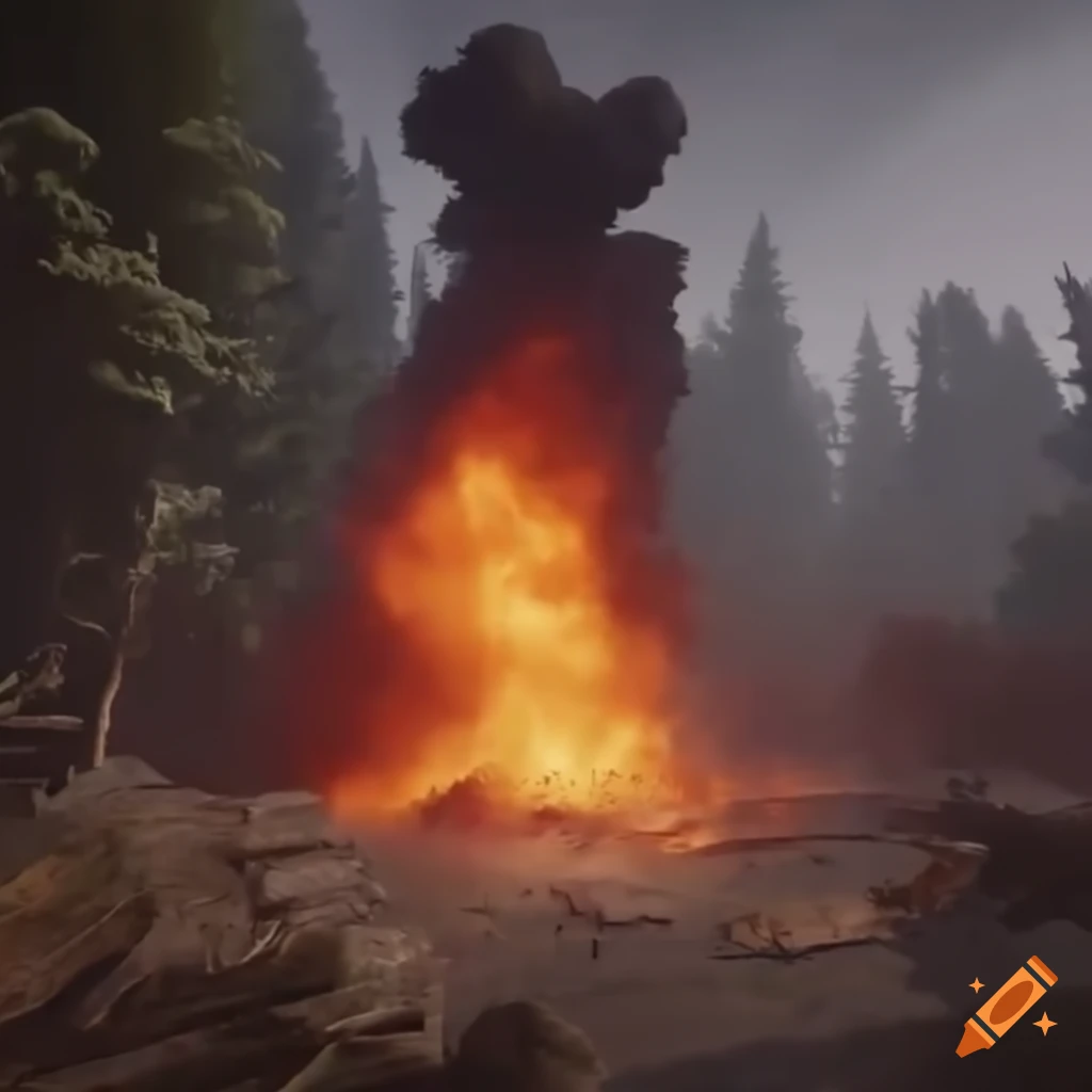 Fire explosion with black smoke and sparks in a foggy forest on Craiyon