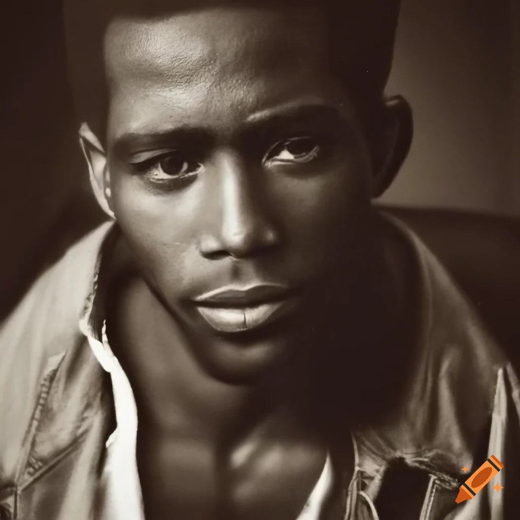 Close-up sepia photo of a black artist from the 1960s on Craiyon