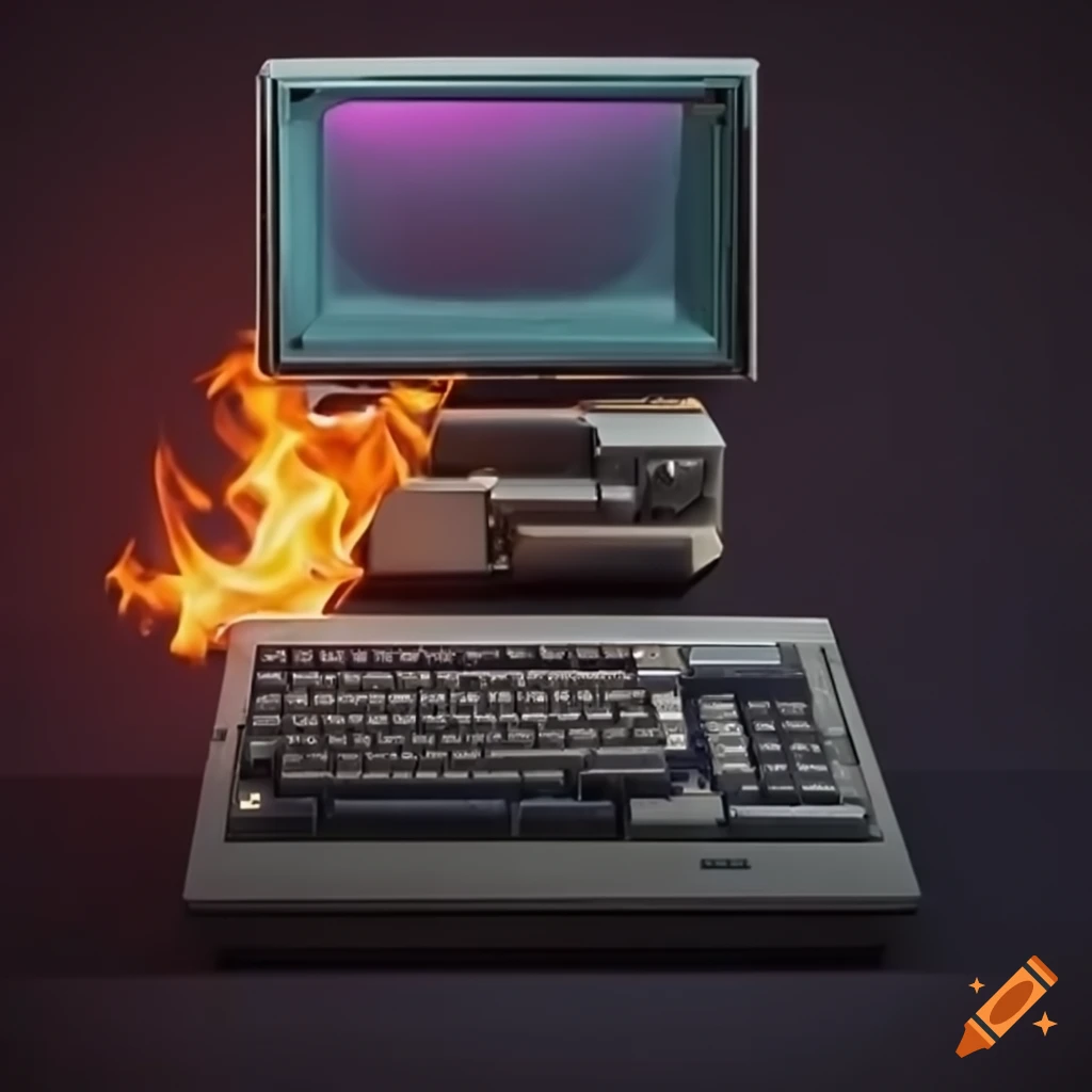 Retro computer engulfed in flames on Craiyon