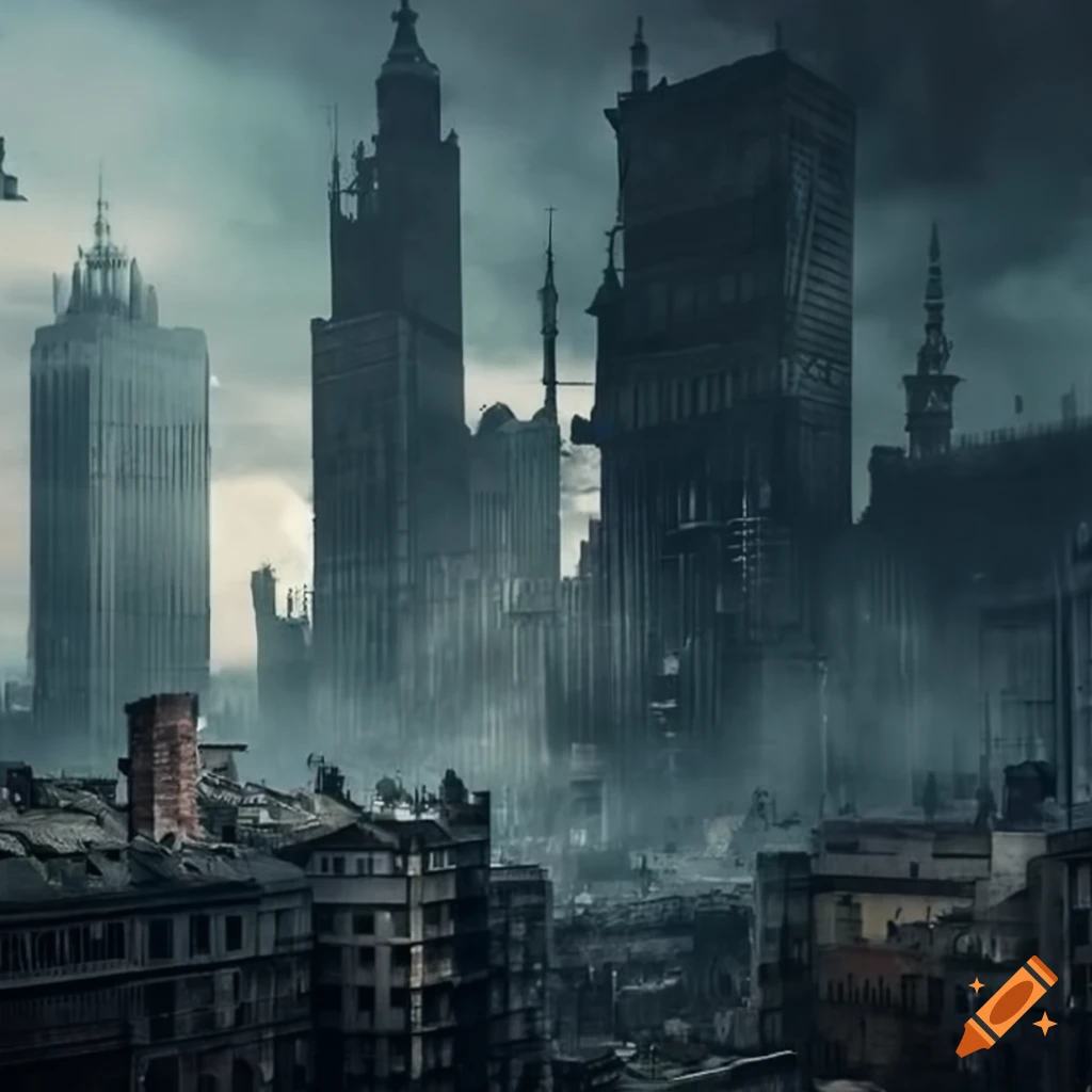 Post-apocalyptic vision of Warsaw with rubble and broken buildings on ...