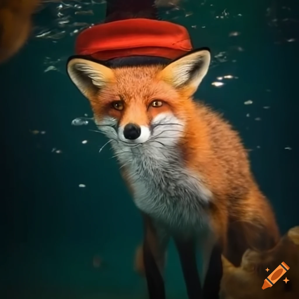 Red fox wearing a hat underwater on Craiyon