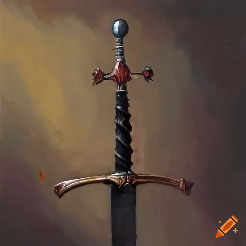 Oil painting of a large medieval broadsword on Craiyon