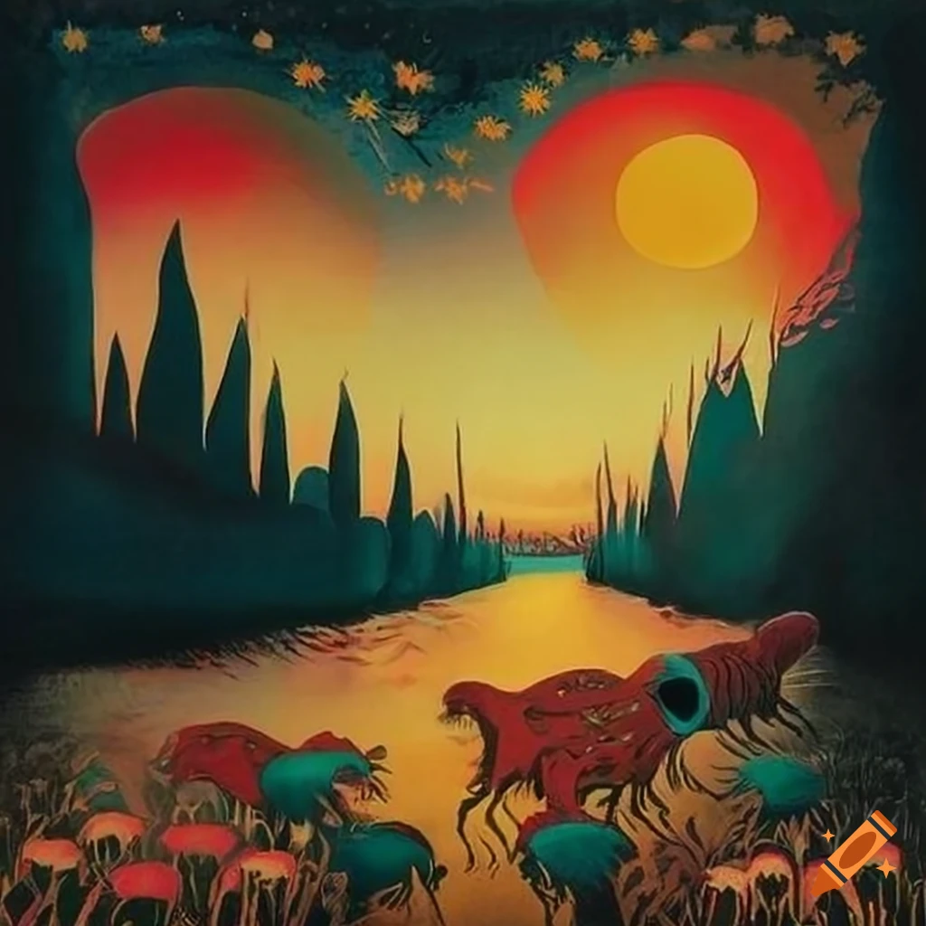 Color serigraph with native salish and fantasy creature motifs on Craiyon