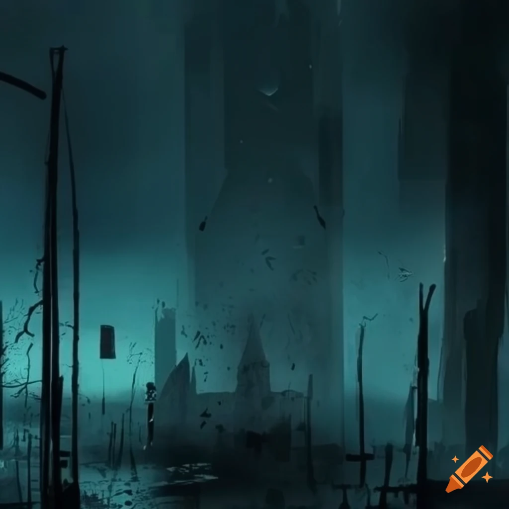 Depressing abstract cityscape under rain in a broken world on Craiyon