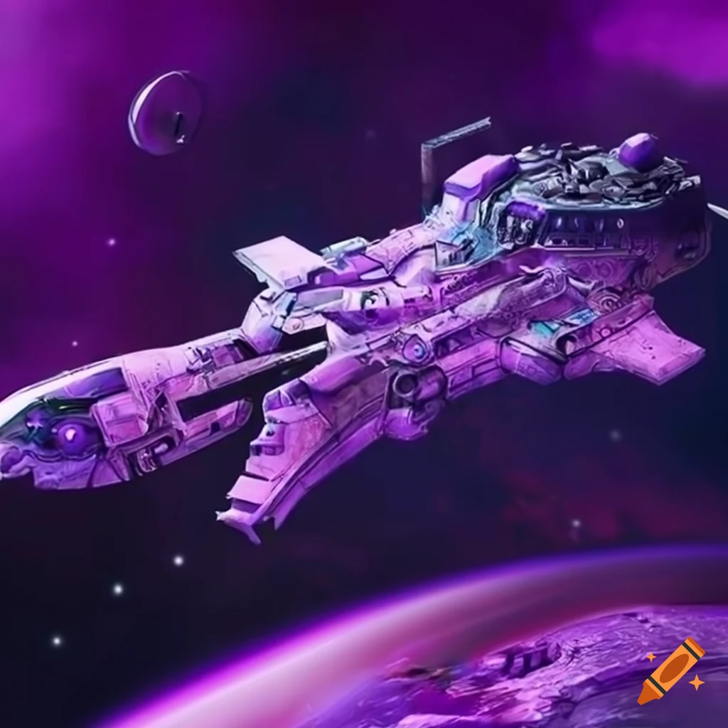 Purple detailed fantasy robotic space ship on Craiyon