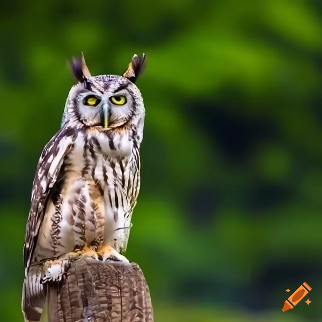 Owl full body shot with blurred background on Craiyon