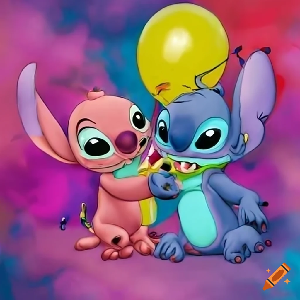 Stitch and angel disney characters with colorful balloons and smoke on Craiyon
