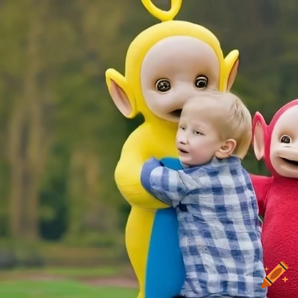 Female teletubby offering piggyback ride to a boy on Craiyon