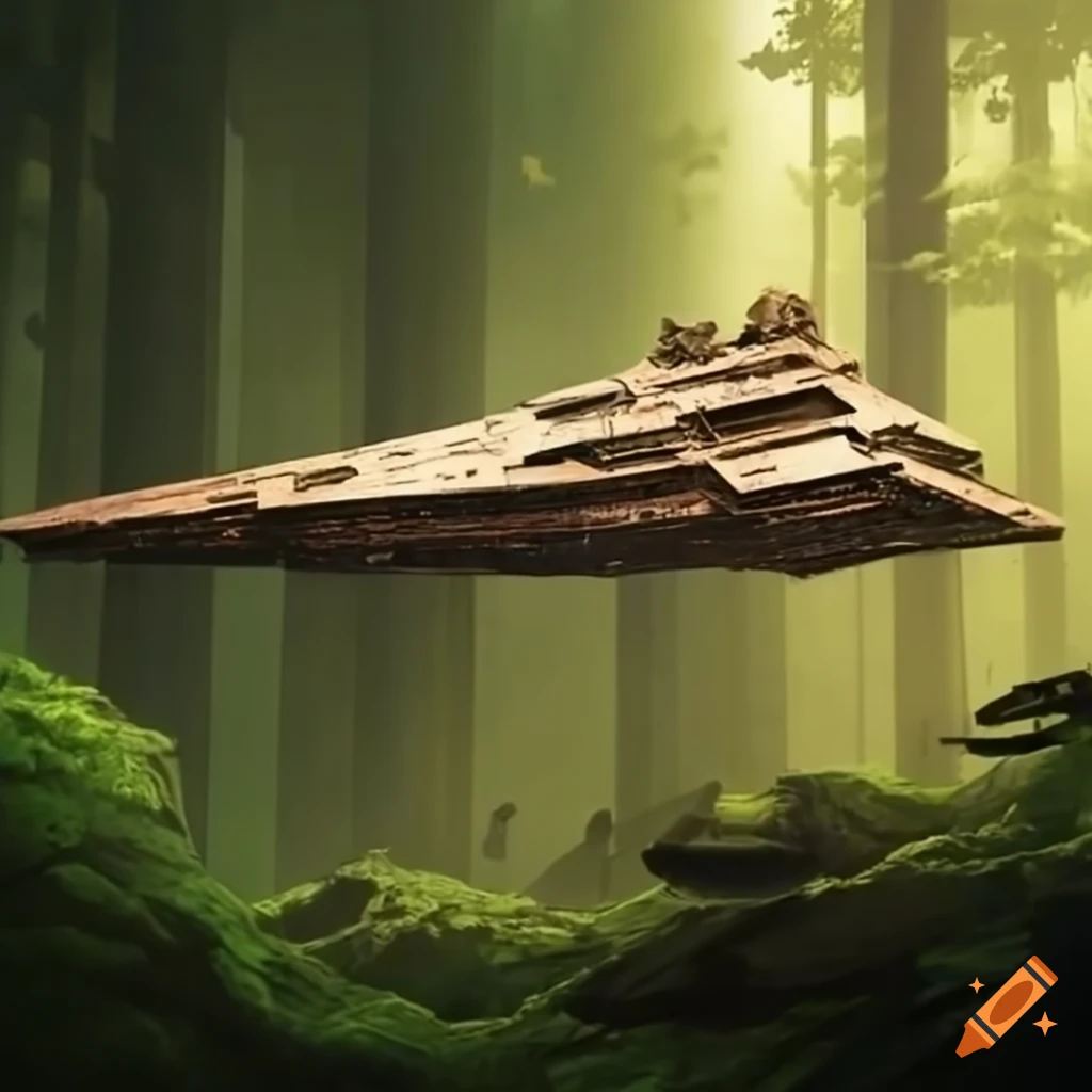 Wooden Star Destroyer in a forest setting as a Star Wars prototype on Craiyon