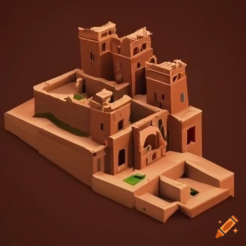 Isometric pre-rendered video game model of Ait-Benhaddou on Craiyon