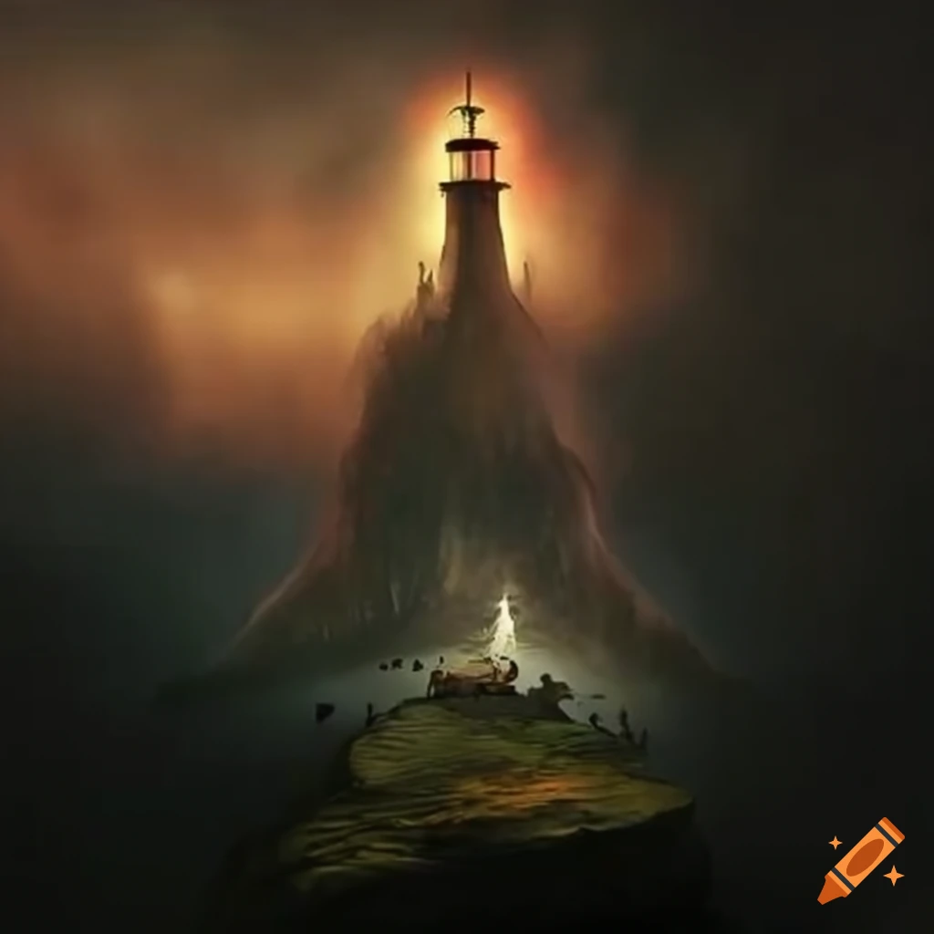 Fantasy lighthouse overtaken by malevolent tree on Craiyon