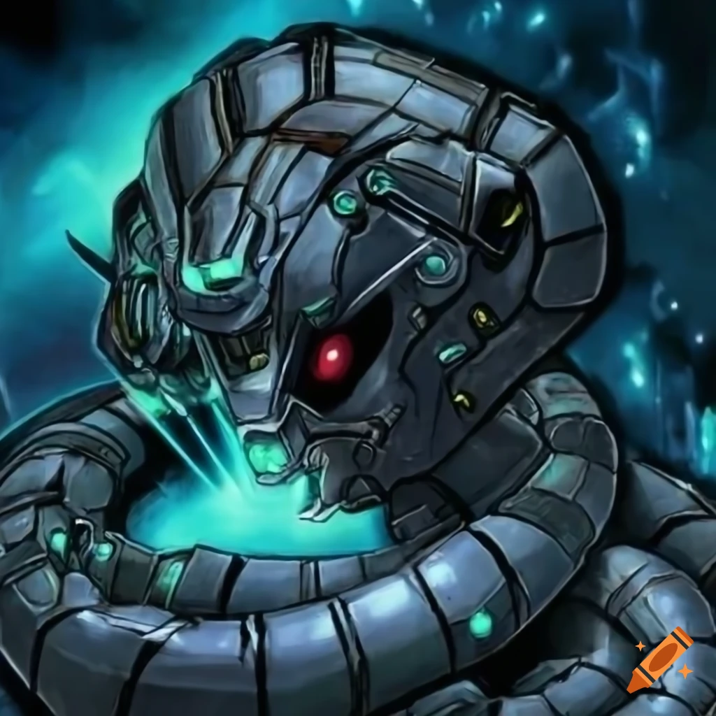 Futuristic robot snake in yu-gi-oh card art on Craiyon