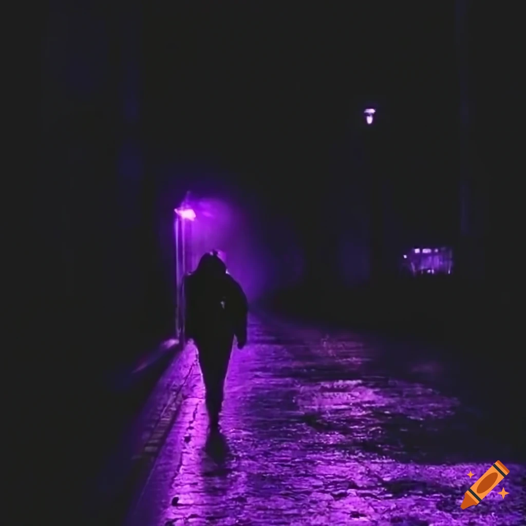 Man walking in paris under purple light, smoke, and rain on Craiyon