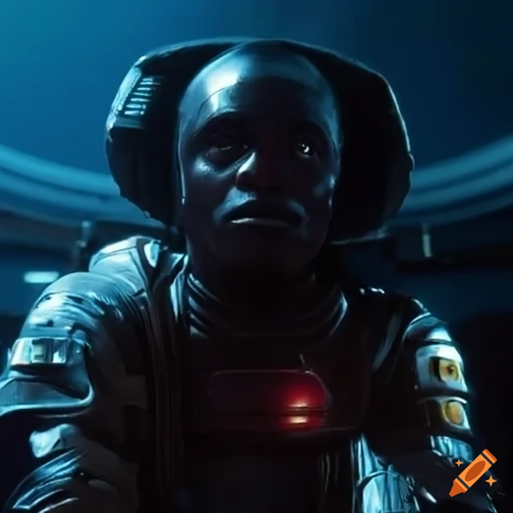 Frame from an 80's science-fiction film featuring a heroic African ...