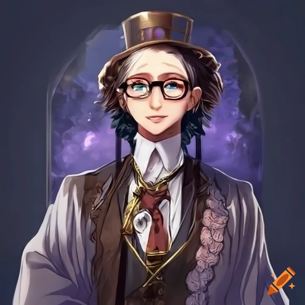 Anime wizard in a fantasy victorian setting with glasses on Craiyon