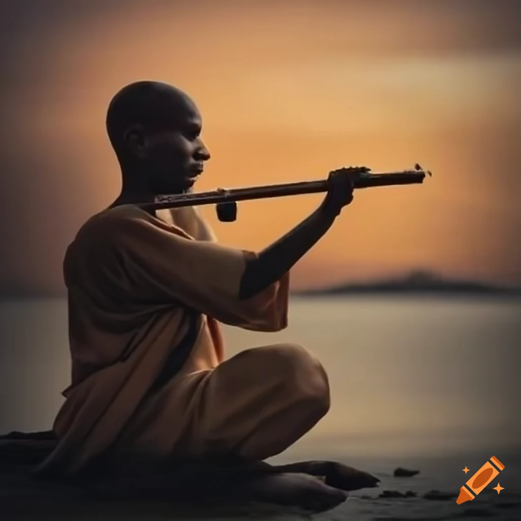 Monk playing flute at the seashore on Craiyon