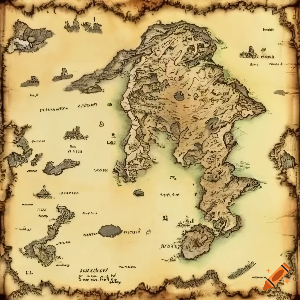 Ancient fantasy map of a small peninsula on Craiyon