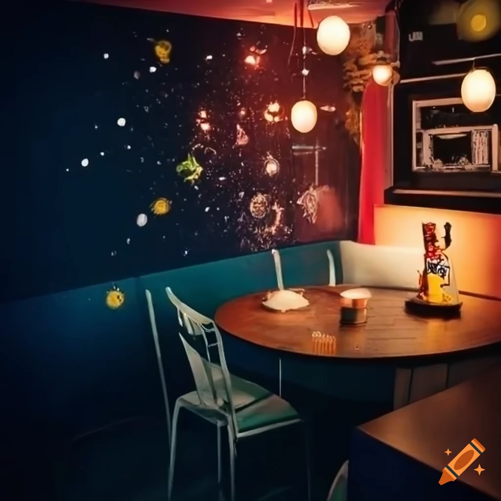 Themed cafe decor inspired by galaxies, sun, moon, and stars on Craiyon