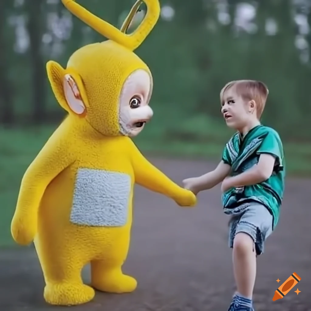 Female teletubby offering piggyback ride to a boy on Craiyon